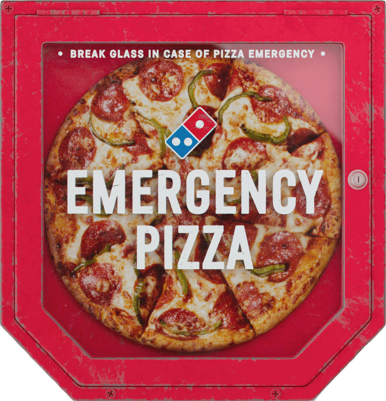 Pizza behind pane of glass with text saying to break in case of emergency